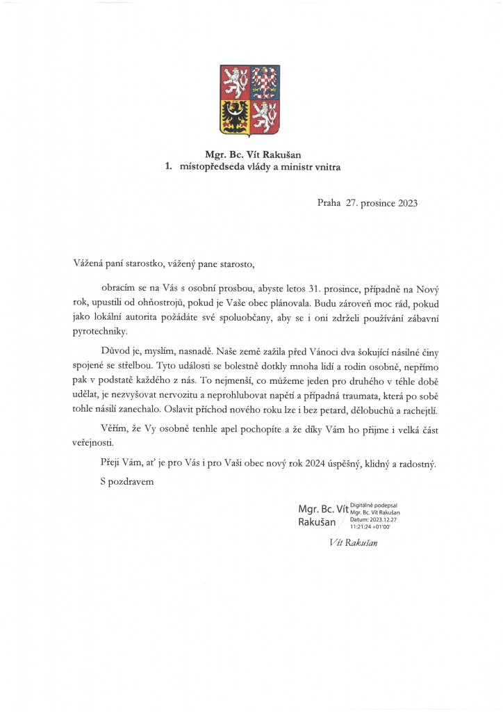 Dopis Mgr. Bc. Víta Rakušana, 1. místopředsedy vlády a ministra vnitra - Radostice